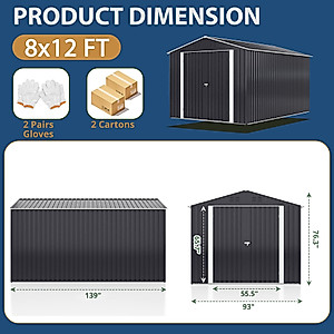 VIWAT 8' x 12' Outdoor Steel Storage Shed with Updated Frame Structure and Lockable Doors, Metal Shed Upgrade Height Ideal for Garden, Backyard, and Patio Utility and Tool Storage
