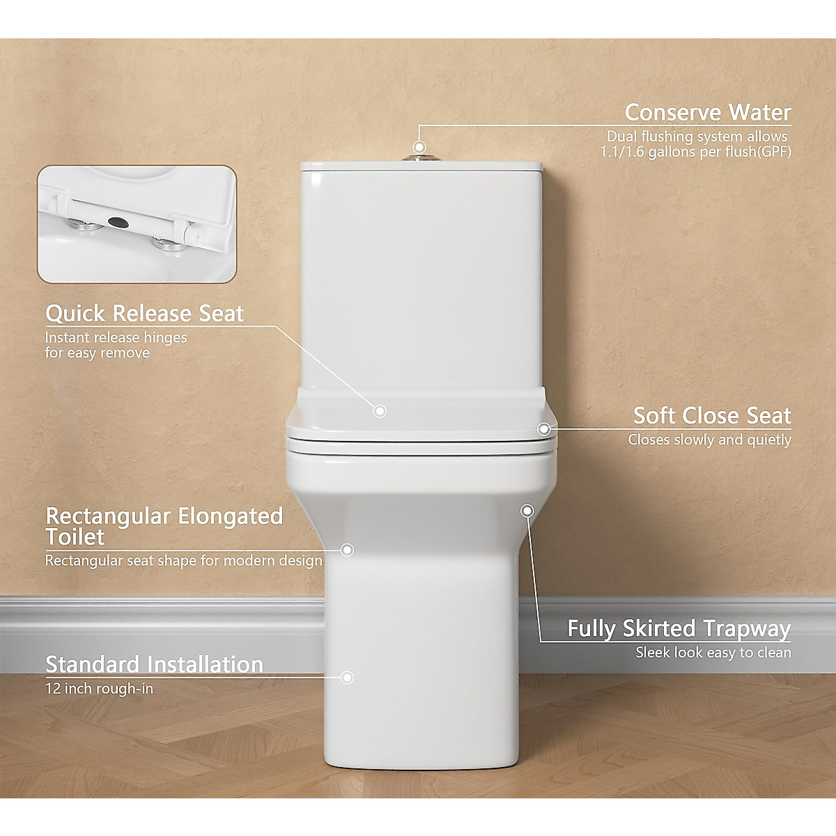 One Piece Toilet, DeerValley DV-1F0071 Modern Elongated Toilet Power Dual Flush 1.1/1.6 GPF Toilet for Bathroom 12" Rough in Rectangular Bowl, 1000g MaP