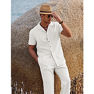 COOFANDY Mens Casual Linen 2 Piece Outfit Set Cotton Beach Pant Guayabera Shirts