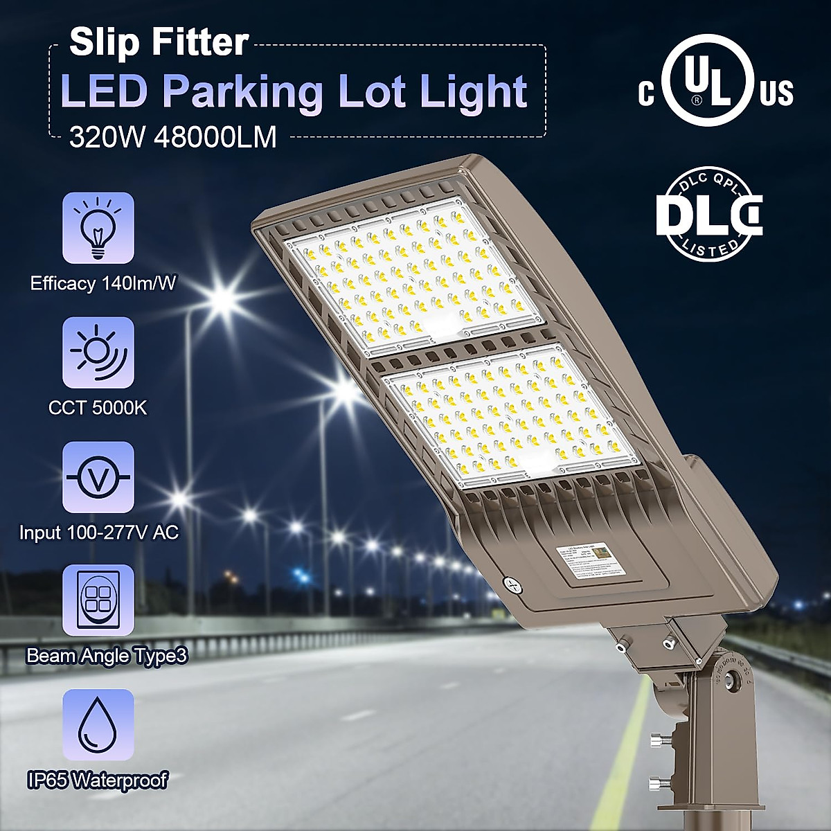 NUOGUAN LED Parking Lot Light with Slip Fitter, UL DLC Listed, 5000K Shoebox Pole Light, IP65 Waterproof Commercial Street Area Lighting for Roadway/Driveway/Yard(320W,100-277V)