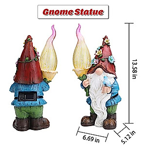 Ovewios Garden Gnome Statue - Large Gnomes Figurine in Red Flower Hat with Solar Light Resin Garden Decoration for Outside Patio Yard Lawn Porch Outdoor Summer Decoration Gifts…