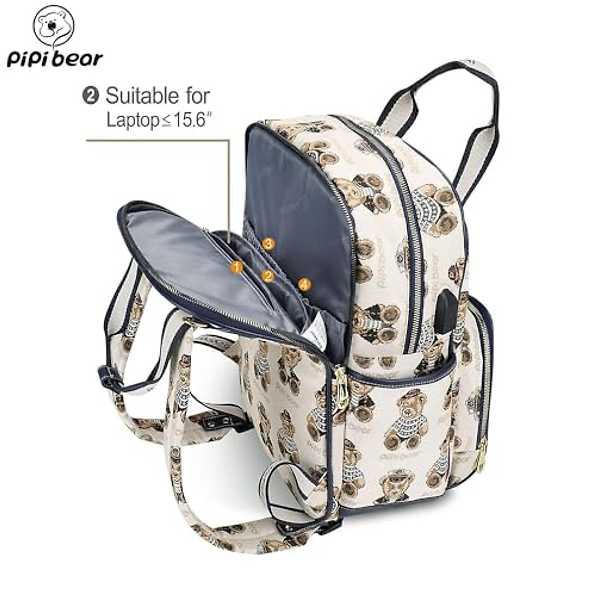 pipi bear Baby Diaper Bag Backpack with Stroller Straps and Changing Pad, Jacquard Diaper Backpack Mom Dad Travel Back Pack with USB Charging Port, Stylish Maternity Bag for Baby Girls Boys