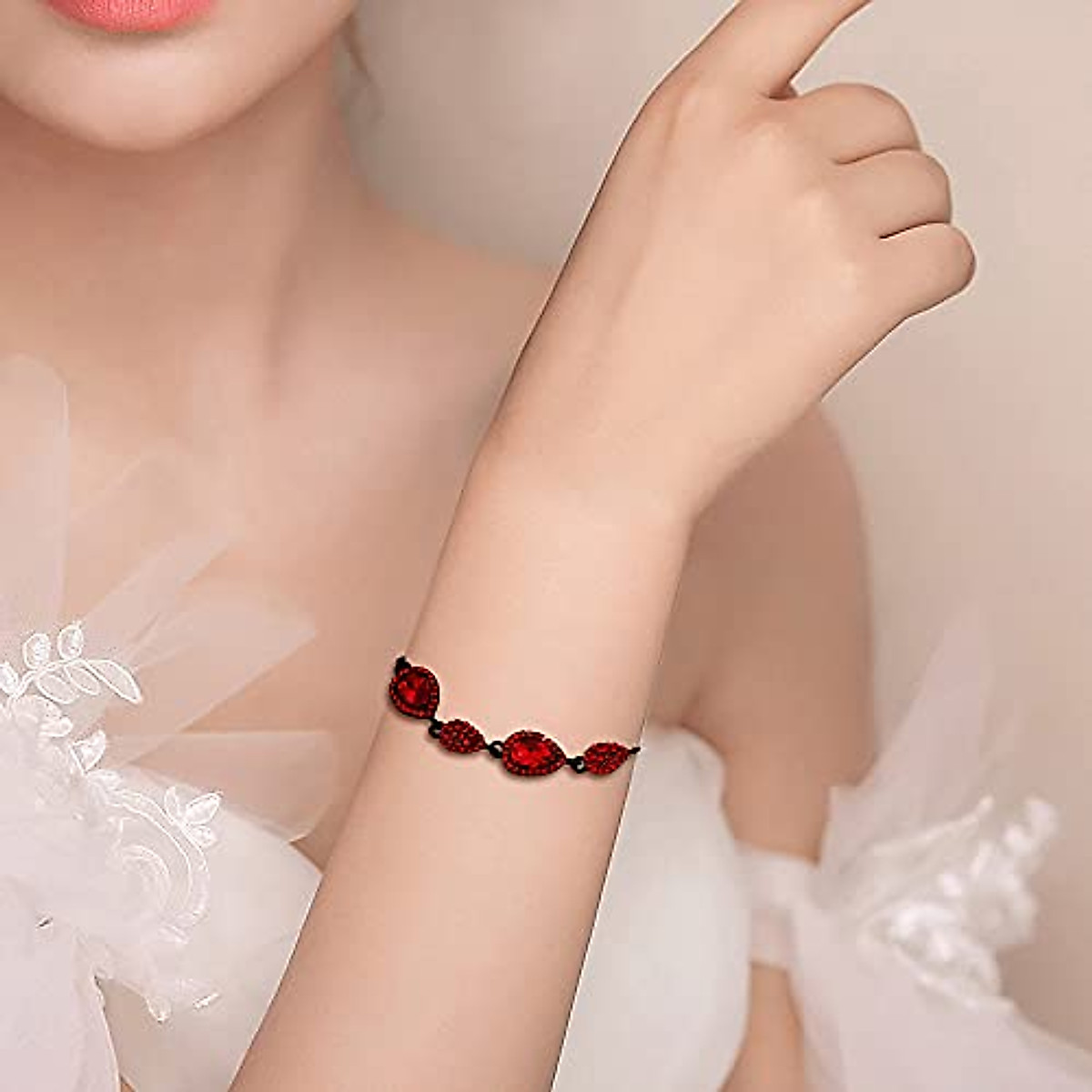 EleQueen Women's Wedding Bridal Jewelry Sets for Brides Bridesmaids, Cubic Zirconia Teardrop Necklace Tennis Bracelet Dangle Earrings Jewellery Set Ruby Black-Tone