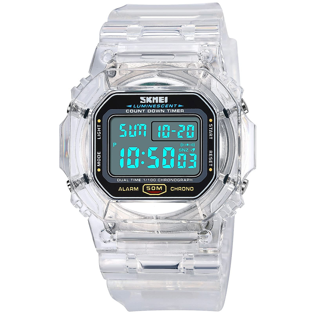 Gosasa Women's Men Youth Square Full Transparent Digital Watch Chronograph Countdown Dual Time Waterproof Watch