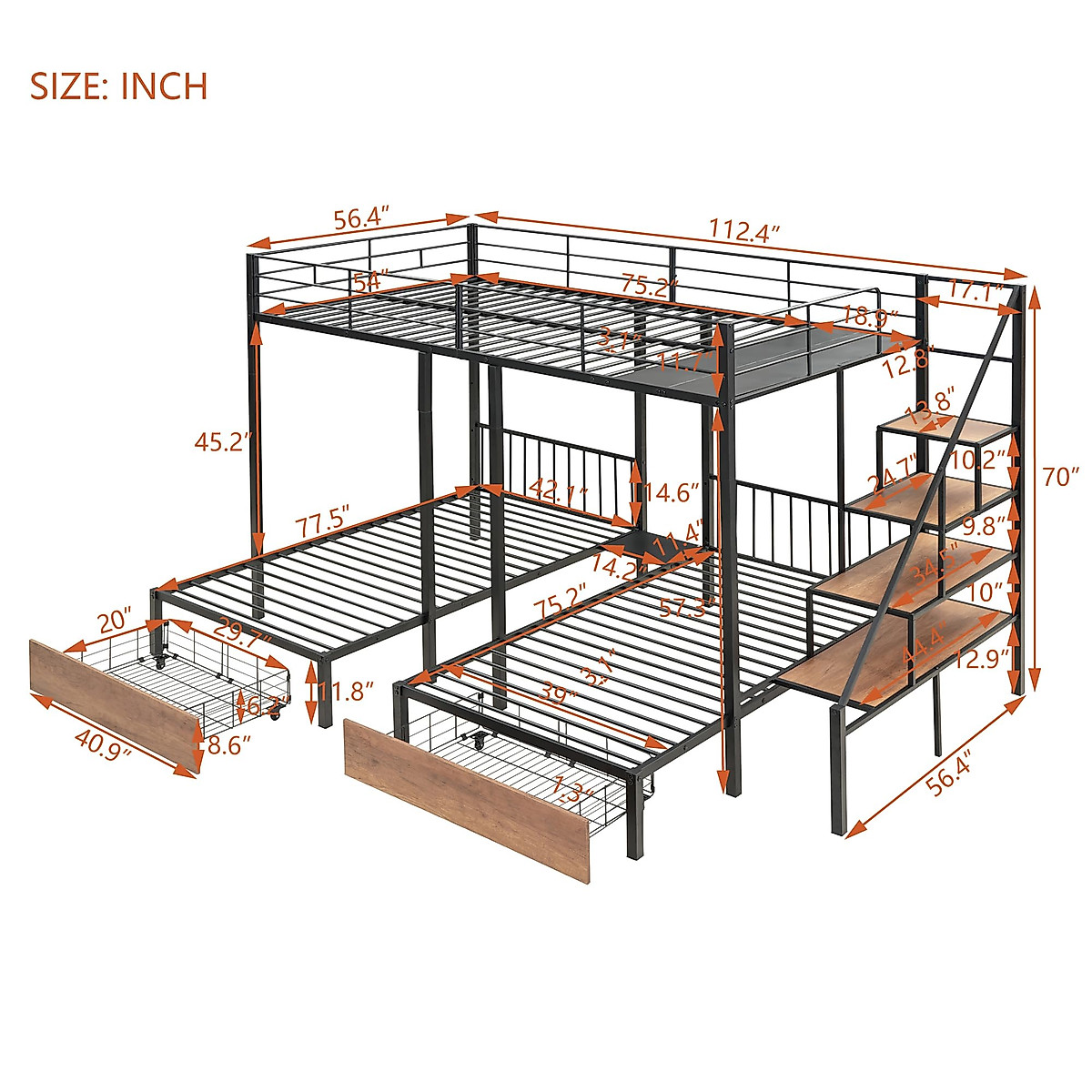 CITYLIGHT Triple Bunk Beds with Storage, Metal Full Over Twin & Twin Bunk Beds with Stairs,3 Bed Bunk Bunk for Kids, Girls, Boys,Teens, Adults,Space Saving Design,Can be Separated into 3 Beds, Black