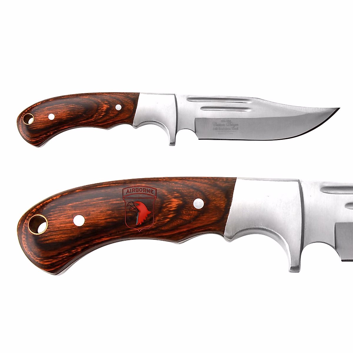 NDZ Performance Elk Ridge ER-052 9.5" Fixed Stainless Steel Blade, Pocket Knife, Hunting Knife, Outdoor Knives for Survival, Camping, Wood Handle with Laser Engraved in Red - US Army 101st Airborne Division