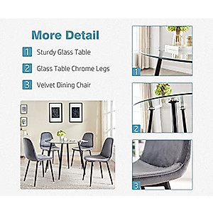 STYLIFING Dining Table Set for 4 Modern 5 Pieces Dining Room Set Mid Century Round Tempered Glass Kitchen Table and 4 Deep Grey Modern Velvet Fabric Upholstered Kitchen Chair with Metal Legs