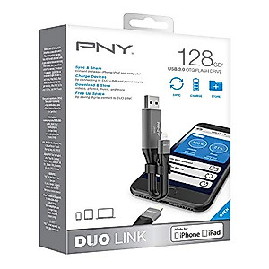 PNY P-FDI128LA02GC-RB 128GB Duo Link iOS USB 3.0 OTG Flash Drive for iPhone & iPad and Computers - External Mobile Storage for Photos, Videos, and More, Metal Gray