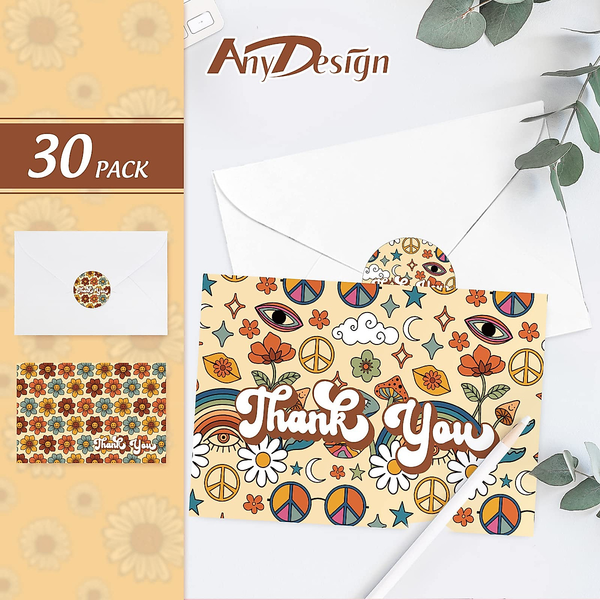 AnyDesign Retro Floral Thank You Cards Bulk 30 Pack Boho Rainbow Flower Note Cards with Matching Seal Stickers Envelopes Hippie Greeting Blank Cards for Birthday Baby Shower Bridal Party, 4 x 6 Inch