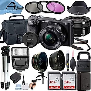 Sony Alpha a6400 Mirrorless Digital Camera 24.2MP Sensor with 16-50mm Lens, 2 Pack SanDisk 128GB Memory Card, Padded Bag, Tripod and A-Cell Accessory Bundle (Black) (Renewed)
