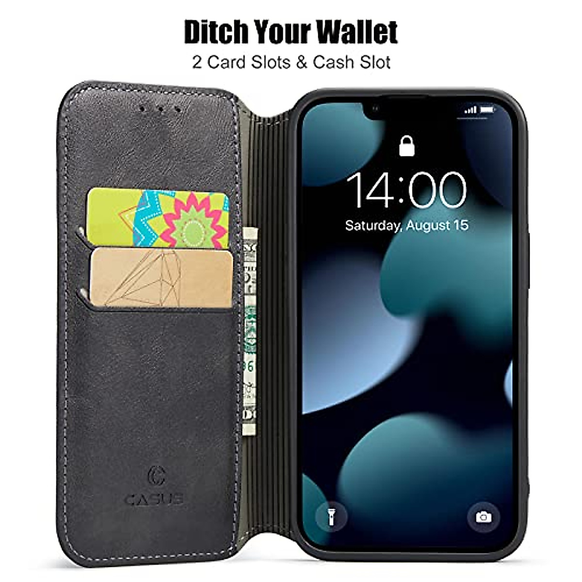 Casus Logo View Compatible with iPhone 13 Wallet Case Slim Magnetic Flip Cover Faux Leather with Card Holder Slot Thin Kickstand (2021) 6.1" (Black)
