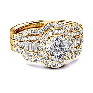 Jeulia 2 Carat Engagement Halo Rings for Women Sterling Silver Round Cut Bridal Set Cubic Zirconia Wedding Diamond Band Rings Promise Anniversary Rings for Her (Yellow gold, 10.5)