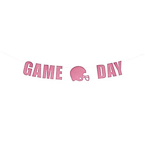 Game Day Banner - Football Party Sign, College Football Party Decorations, Football Team Party Hanging Banner Sign Decor (Pink Sapphire Glitter)