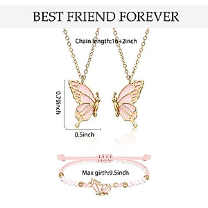 LASPERAL Butterfly Friendship Necklace BFF Necklaces for 2 Girls Best Friend Matching Necklaces Set with 4 Adjustable Woven Bracelets, Long Distance BFF Necklace Charm Friendship Jewelry for Womens