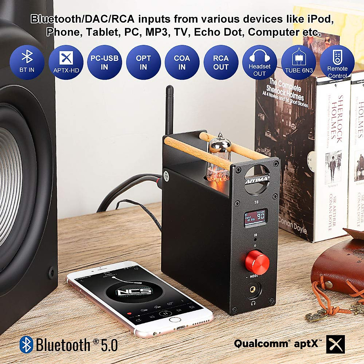 AIYIMA T8 6N3 Digital Tube Preamplifier Bluetooth 5.0 Hi-Fi Headphone Preamp Decoder Preamp PC-USB DAC APTX for Home Wireless Receiver Audio Stereo Amplifier + with Remote Control