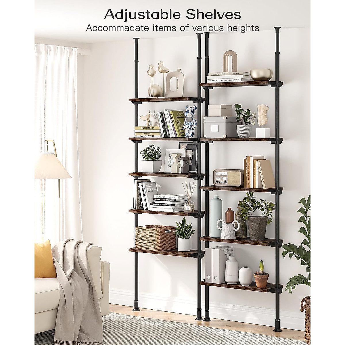 ALLZONE 5 Tiers Narrow Bookshelf, Tall Adjustable Ladder Book Shelf with Open Storage, Floor to Ceiling Tension Mount, Wooden Industrial Bookcase for Living Room, 92 to 116 Inch, Brown
