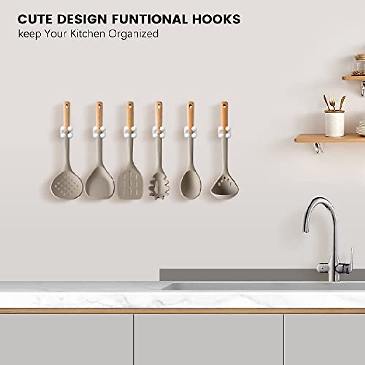 PUKOKAL 6 Pcs Adhesive Hooks Holders Dorm Room Essentials for Hanging Item, Silicone Toothbrush Razor Holder on Wall Door, Functional Utility Hooks for Kitchen Bathroom College Home Office (White)