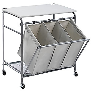 ALIMORDEN Laundry Sorter Cart Heavy Duty 3 Bags Classic Rolling Side pull Laundry Hamper Sorter with Ironing Board and 4 Wheels Grey