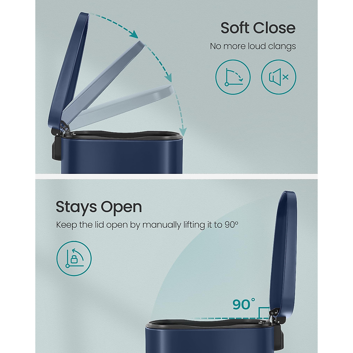 SONGMICS 13 Gallon (50 L) Trash Can, Stainless Steel Kitchen Garbage Can, Recycling or Waste Bin, Soft Close, Step-On Pedal, Removable Inner Bucket, Midnight Blue ULTB050L01