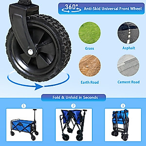 HHXRISE Collapsible Folding Wagon, Beach Cart with Wheels Foldable, Utility Heavy Duty Wagon with Portable, Large Capacity, Adjustable Handle, Side Pockets for Camping, Shopping, Garden, Picnic - Blue