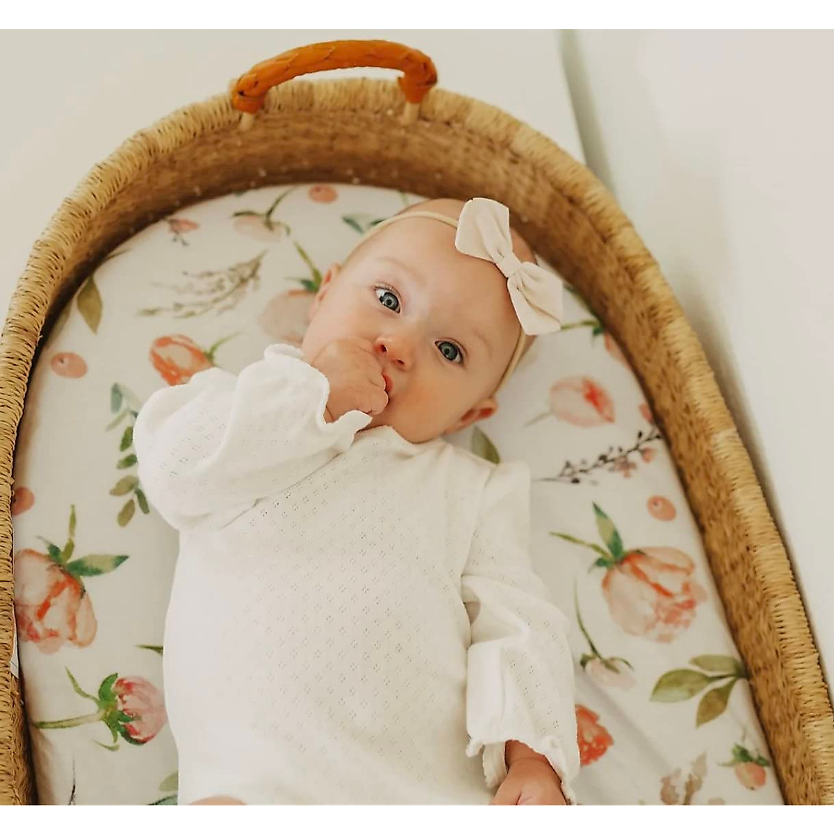 NODNAL CO. 3 Fitted Bassinet Sheets Set for Baby Girl - 100% OEKO-TEX Cotton Peonies & Roses - Pink Floral Boho Flowers - Cradle/Moses Basket, Hourglass, Oval, Rectangle Mattress Nursery Bedding Sheet