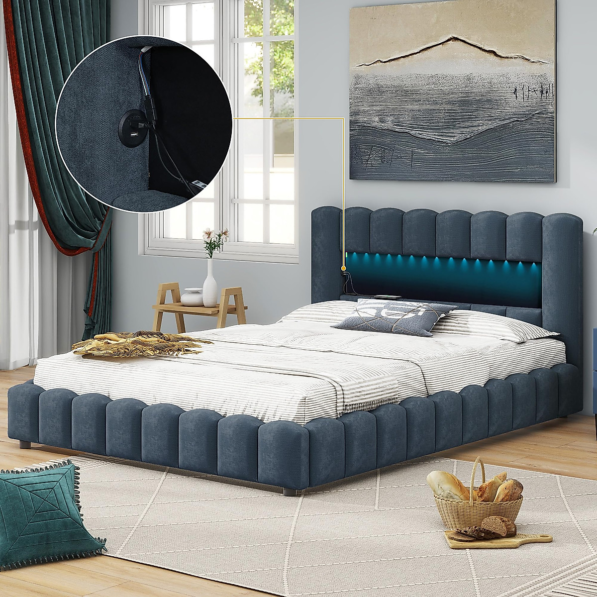 FEELHOME Queen Size Lift Up Storage Bed/Button Tufted Wingback Headboard/Hydraulic Storage/Upholstered Platform Bed Frame/No Box Spring Needed/Wood Slats Support/Light，Deep Blue