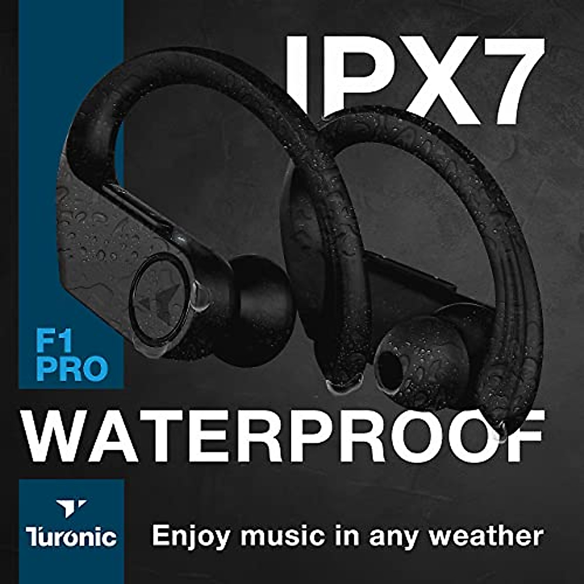 Turonic F1 Pro - True Wireless Earbuds - 45H Playtime, Charging case, Mic, IPX7 Waterproof Bluetooth Headphones w/Microphone - Sport Wireless Earphones with Earhook for Gym, Running, Workout - Black