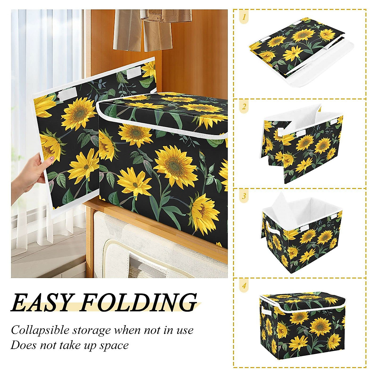 Vnurnrn Collapsible Storage Bins with Lids, Sun Flower Yellow Flowers Foldable Storage Boxes, Storage Box Cube with Lid for Clothes,Bedroom,Toys,16.5x12.6x11.8 Inch