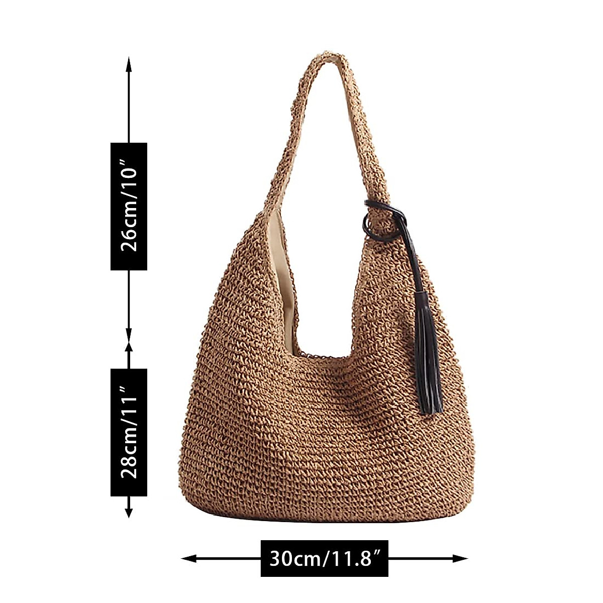 JBRUN Women Straw Shoulder Bag Handmade Woven Handbag Summer Beach Tote Straw Leather Handle Large Bucket Bag (E-Brown)