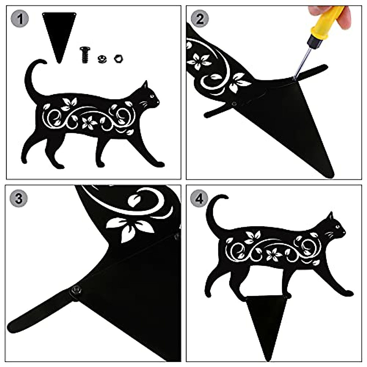Elcoho 4 Pack Black Cat Silhouette Cute Metal Cat Garden Statues Bird Repellent Cat Decorative Garden Stakes for Yard, Garden, Lawn Outdoor Decorations