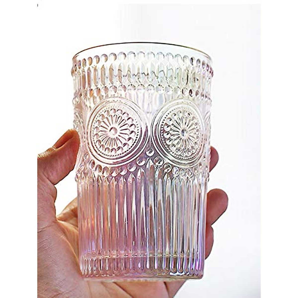 Iridescent Embossed Drinking Glass Gold Rim Water Glass Baroque Clear Crystal Unleaded Wine Milk Juice Coffee Glass,11.7oz,Makeup Brush/Pen/Pencil/Toothbrush Holder (Large)