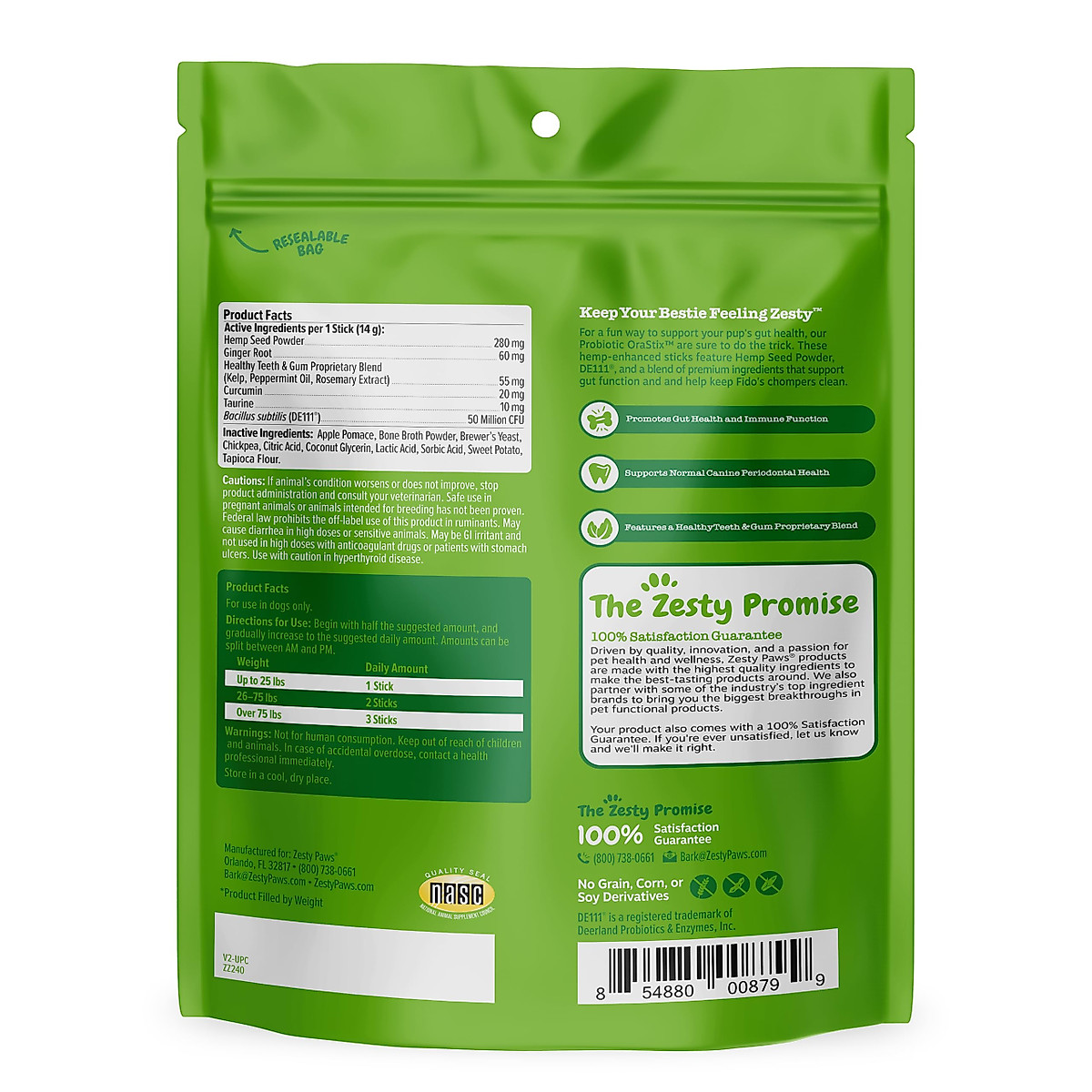 Zesty Paws OraStix for Dogs - Probiotic Sticks with Hemp Seed Curcumin Ginger Root Taurine - Supports Gut Function Flora Immune System Proprietary Healthy Teeth Gum Blend - 25oz