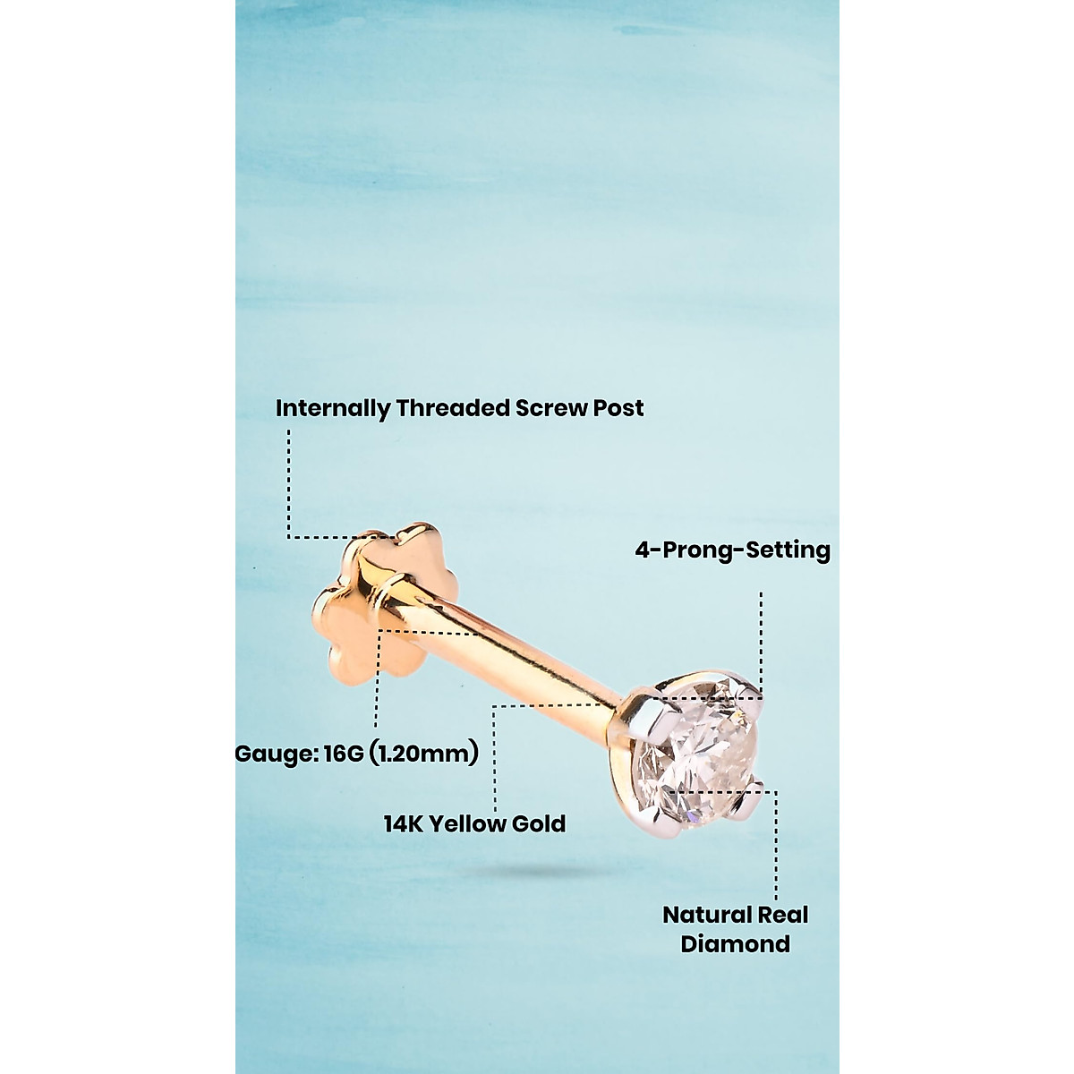 Demira Jewels 14K Yellow Gold Diamond Nose Pin - 0.02 to 1/6ct natural diamond, 16G Gauge, HI Color, I1-I2 Clarity, Kimberley Process Certified.