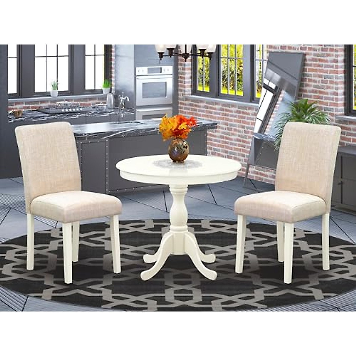 East West Furniture AMAB3-LWH-02 3 Piece Dining Room Furniture Set Contains a Round Dining Table with Pedestal and 2 Light Beige Linen Fabric Upholstered Chairs, 36x36 Inch, Linen White