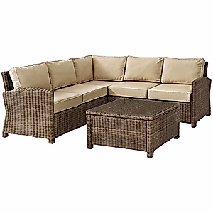 Crosley Furniture Bradenton 4-Piece Outdoor Sectional Sofa Wicker Conversation Patio Furniture Set for Deck, Brown with Sand Cushions
