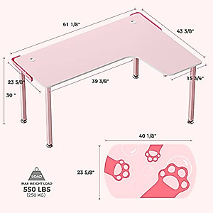 EUREKA ERGONOMIC Gaming Desk Pink,60 Inch Pink L Shaped Gaming Desk, Gaming Table Pink with Free Mouse Pad for Girls Home Office Wood & Metal Space-Saving,Easy to Assemble,Computer Desk Pink