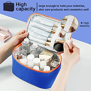 Makeup Bag Portable Travel Cosmetic Bag for Women, Beauty Zipper Makeup Organizer PU Leather Washable Waterproof (Blue)