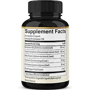 Berberine with Ceylon Cinnamon, Turmeric, Milk Thistle, Artichoke, Black Pepper - 150 Count - Pack of 1