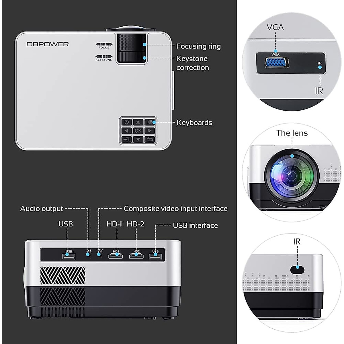 DBPOWER WiFi Projector, 9000L Full HD 1080p Video Projector with Carry Case, Support iOS/Android Sync Screen, Zoom&Sleep Timer, 4.3” LCD Home Movie Projector Compatible w/Smart Phone/Laptop