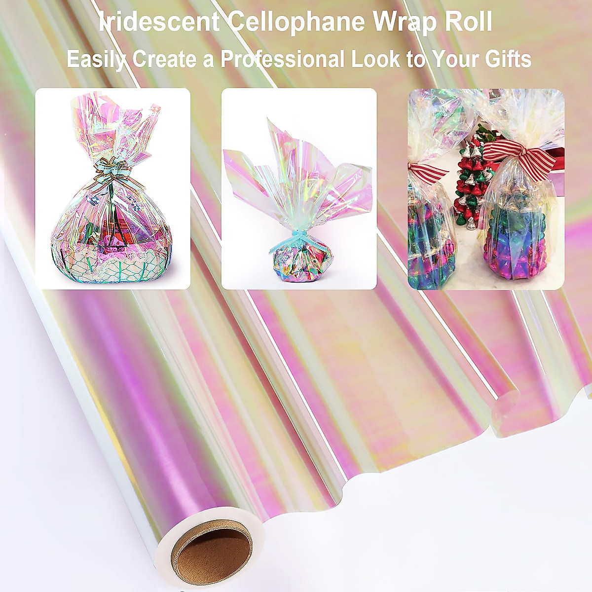 SYOGUA Iridescent Pink Cellophane Wrap Roll (17 in Wide x 66 ft Long) Colorful Gift Wrap Cellophane Roll Transparent Iridescent Cellophane Wrapping Plastic for Baskets, Treats, DIY Craft, Gifts