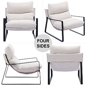 DUOMAY Mid-Century Accent Chair Armchair, Comfy Linen Fabric Leisure Chair Lazy Chair with Metal Leg for Living Room Bedroom Office Apartment, White