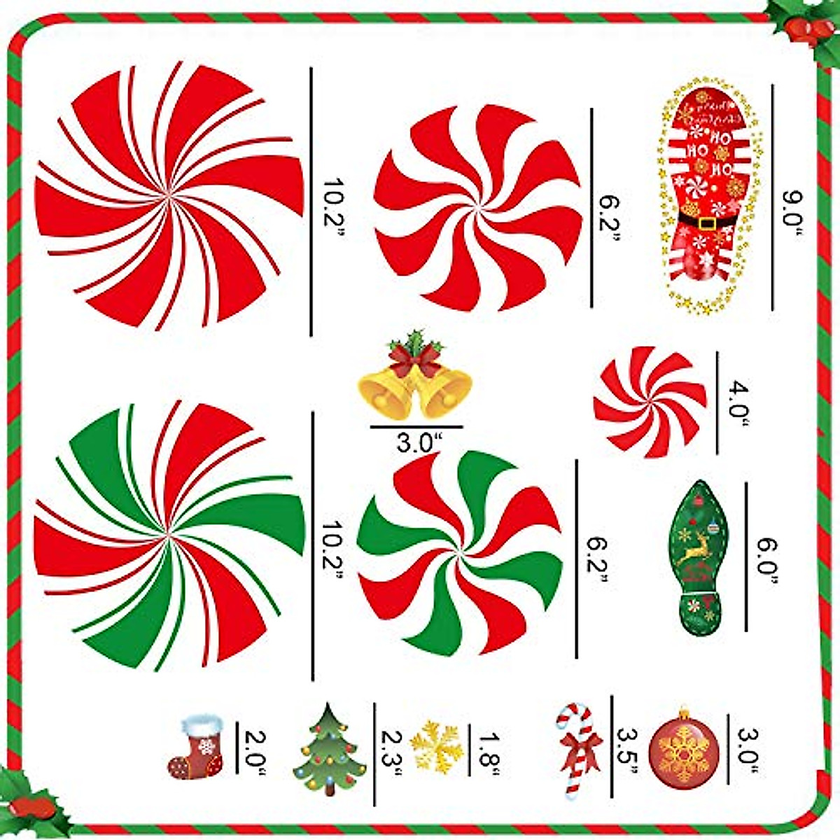 156PCS Christmas Peppermint Floor Decals Footprints Stickers for Christmas Candy Party Decoration Xmas Party Decor Supplies, 12 Sheets