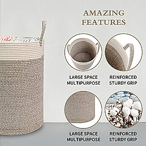Large Tall Woven Basket 15.7x15.7x21.7in Cotton Rope Laundry Hamper with Handle, Nursery Organizers and Storage for Blanket Towel Clothes Organizing (White&Brown)