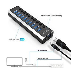 Powered USB Hub, Rosonway 10 Port USB 3.1/3.2 Gen 2 Hub 10Gbps with 36W (12V/3A) Power Adapter, Type A and Type C Cables, Aluminum USB C Hub Splitter for PC and Laptop (RSH-A10S)