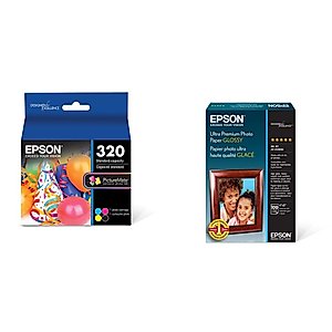 Epson T320 PictureMate Color Cartridge Ink & Ultra Premium Photo Paper Glossy - S042174, 4" x 6" (100 Sheets),White