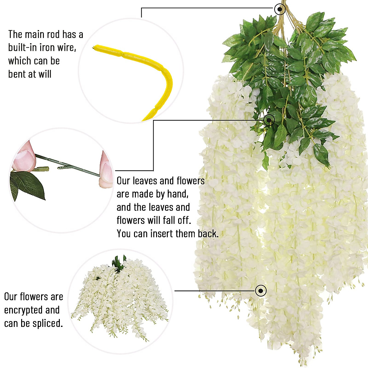 24 Pack Wisteria Artificial Hanging Flowers 3.6 Ft White Fake Silk Flower Vines Rattan Garland Long String Wisteria String Home Garden Wall Decoration Outdoor Wedding Party Ceremony Arch Floral Decor