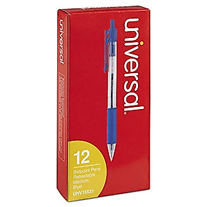 Universal Comfort Grip Ballpoint Pen, Retractable, Medium 1 Mm, Blue Ink, Clear Barrel, Dozen