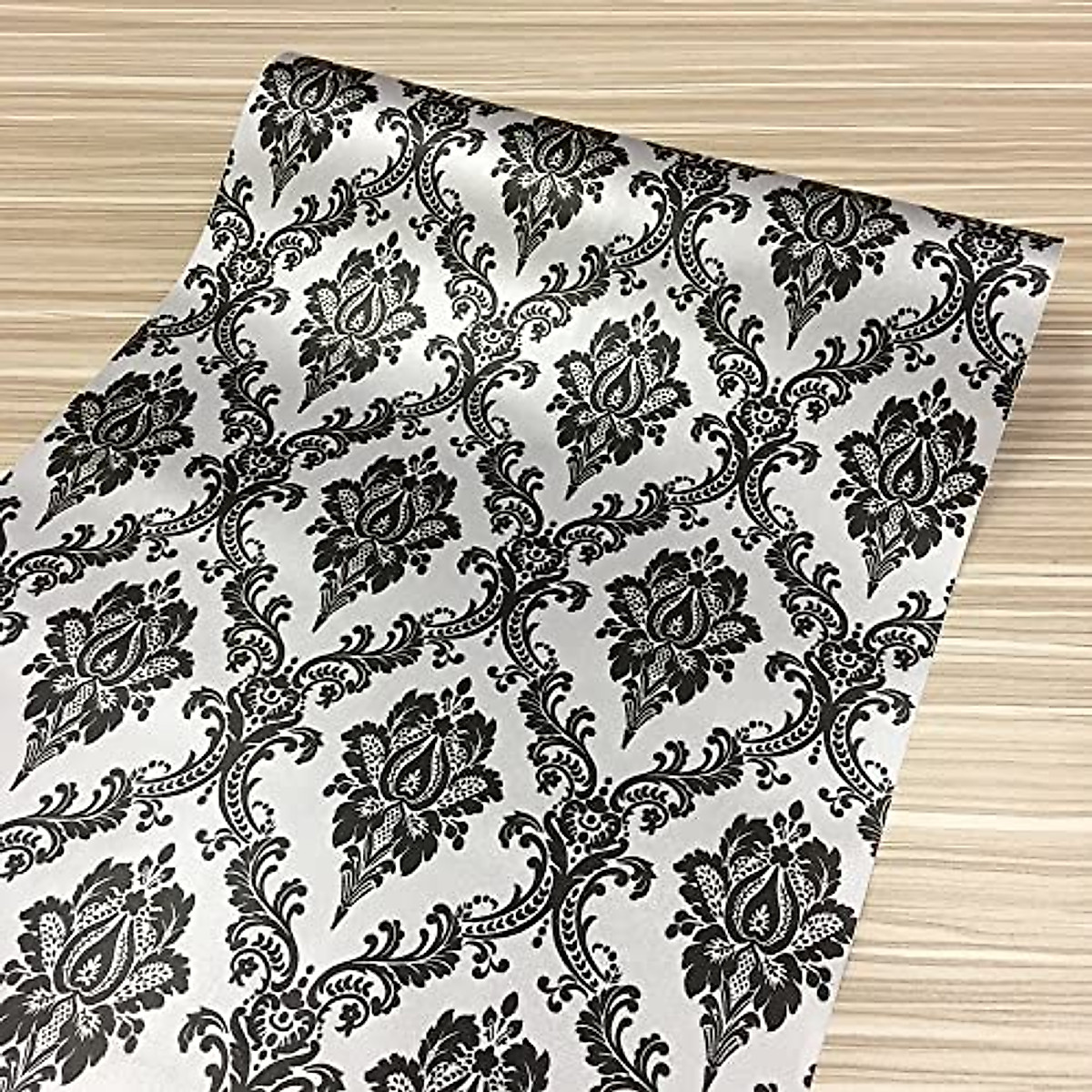 Yifely Retro Black Damask Furniture Paper Self-Adhesive Shelf Liner Light Grey Table Dresser Decor Sticker 17.7 Inch by 9.8 Feet