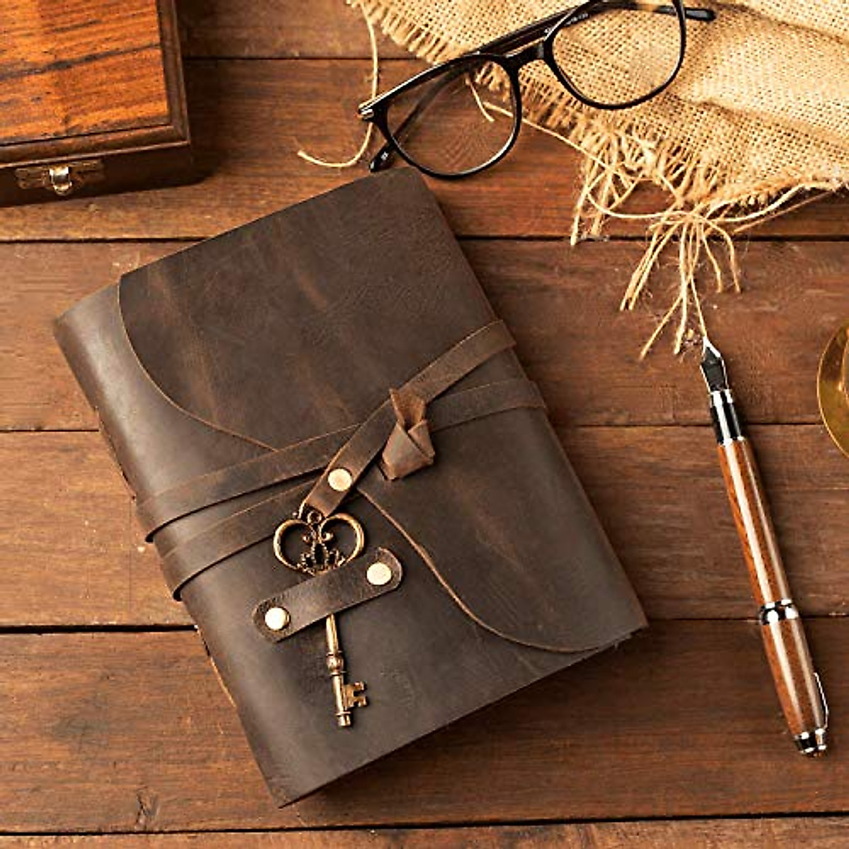 Vintage Leather Journal - Antique Handmade Deckle Edge Vintage Paper Leather Bound Journal - Book of Shadows Journal - Leather Sketchbook - Drawing Journal - Great Gift (Vintage Brown, 7.5"x5.5")