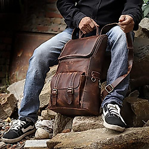 C CUERO Full Grain Leather Backpack for Men - 17 Inch Laptop Bag - Vintage Travel Rucksack - Casual Daypack for Womens (BROWN)